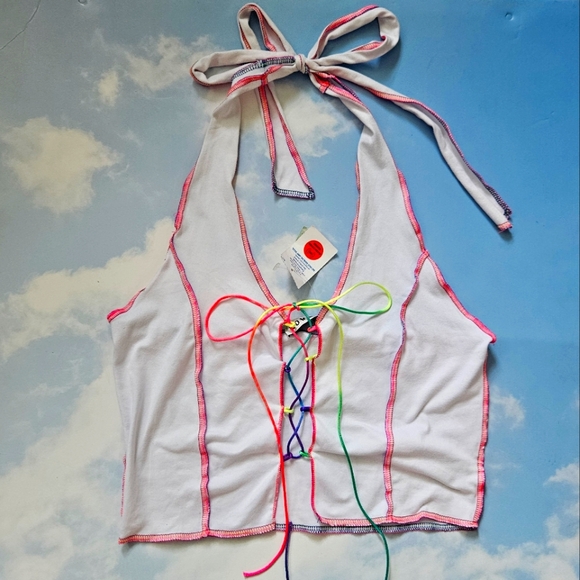 love J | Tops | White Rainbow Pink Stitch Halter Crop Top Club Top ...